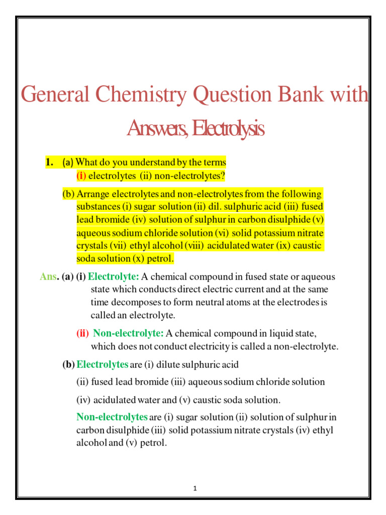 General Chemistry Question Bank With Answers, Electrolysis | PDF | Ion ...