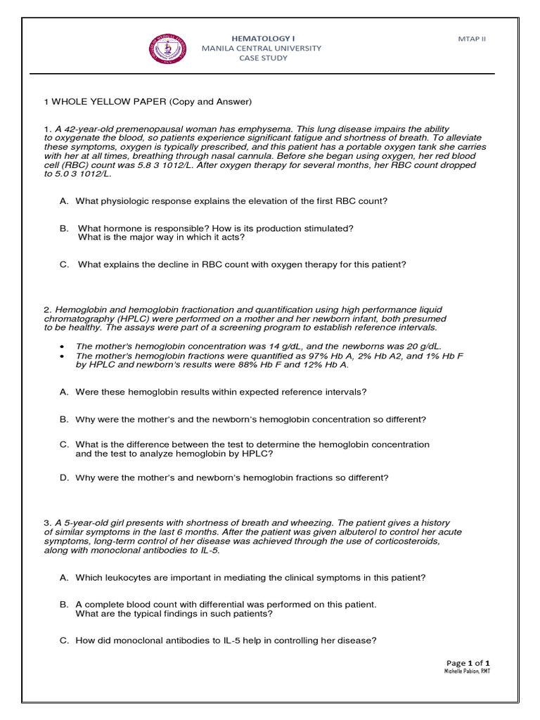 Case Study Hematology I 2 | PDF | Hemoglobin | Anemia