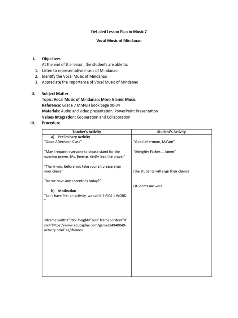 Detailed Lesson Plan in Music 7 | PDF | Language Arts & Discipline ...