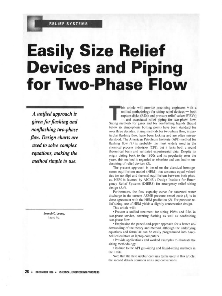 Easily Size Relief Devices and Piping For Two-Phase Flow by J. C. Leung ...