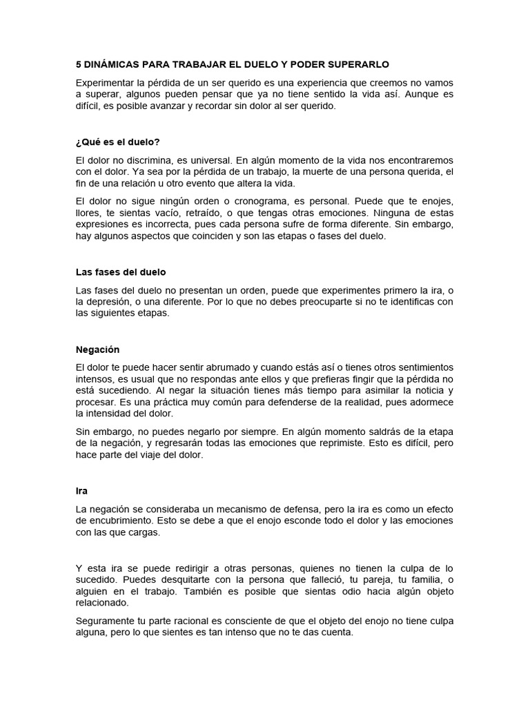 5 Dinámicas para Trabajar El Duelo y Poder Superarlo | PDF | Dolor | Ira