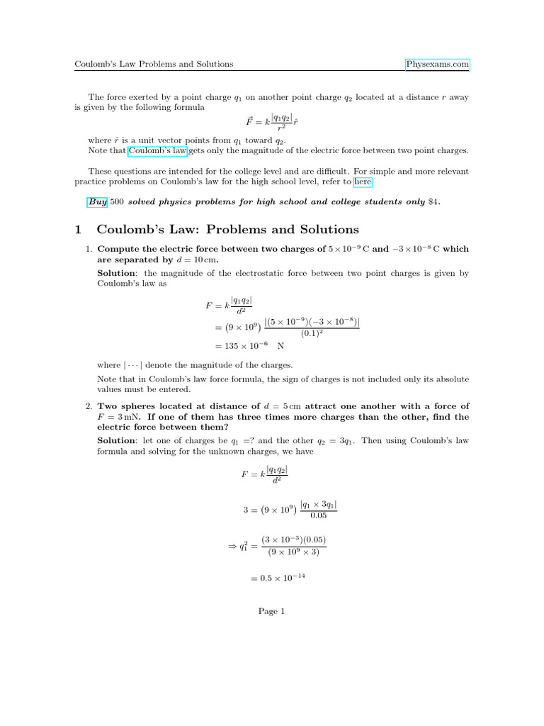 Coulombs Law Problems and Solution | PDF | Physics | Classical Mechanics