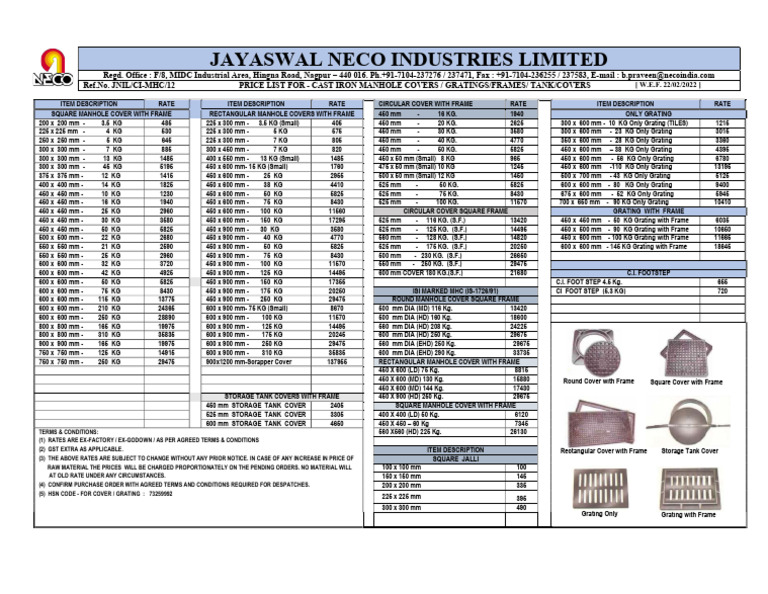 Neco Manhole Cover Price List 2022 | PDF