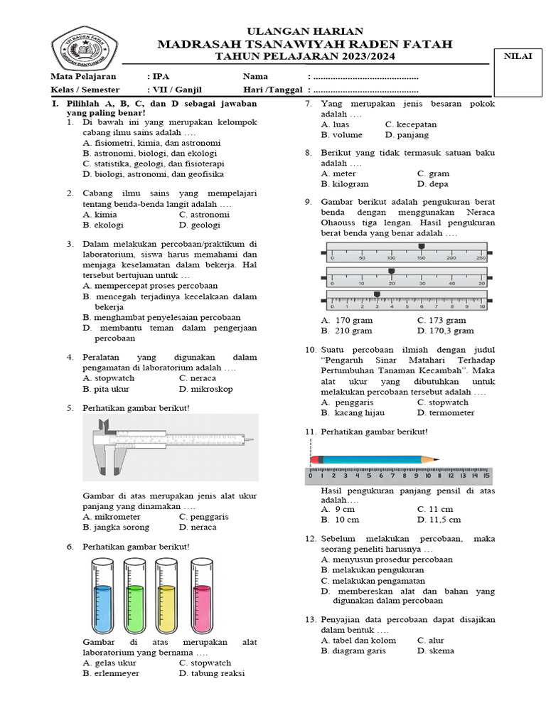 Soal IPA Kelas VII Semester Ganjil | PDF | Metode & Bahan Ajar | Seni