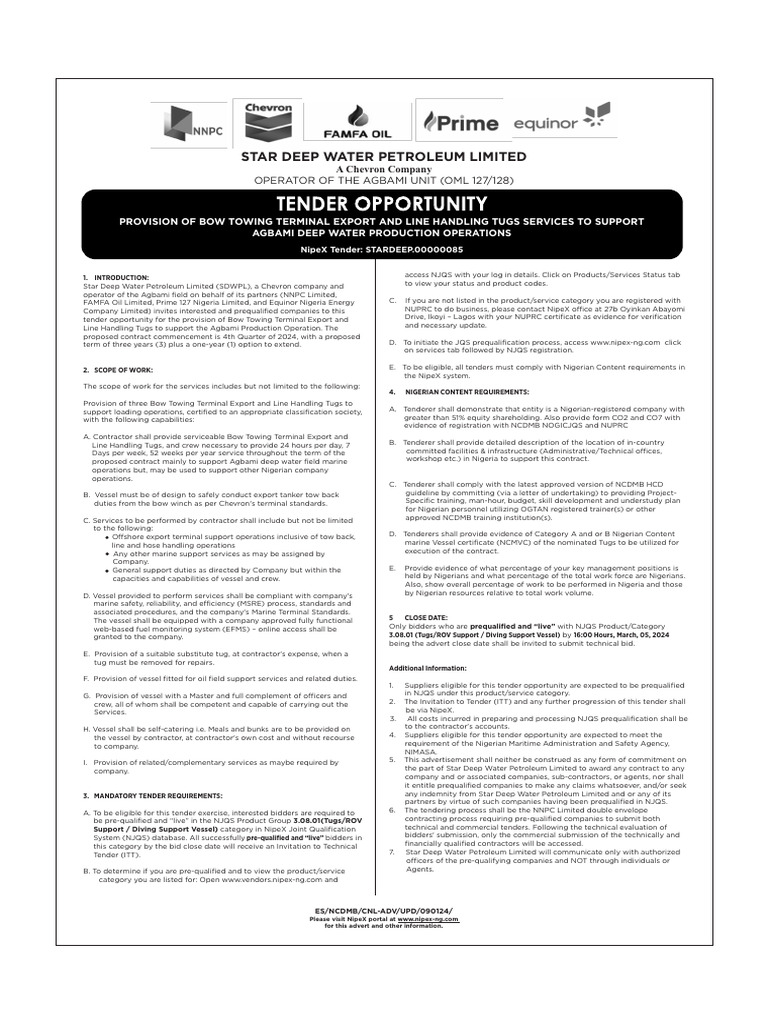 Agbami Tugs Services Tender Notice | PDF | Business