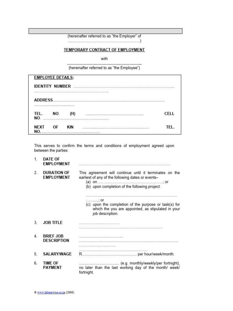Temporary Employment Contract Form | PDF | Employment | Sick Leave
