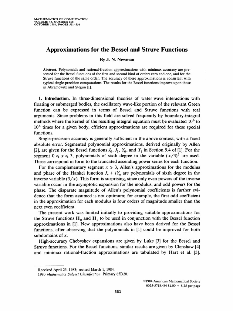 Approximations For The Bessel and Struve Functions: by J. N. Newman | PDF | Function ...