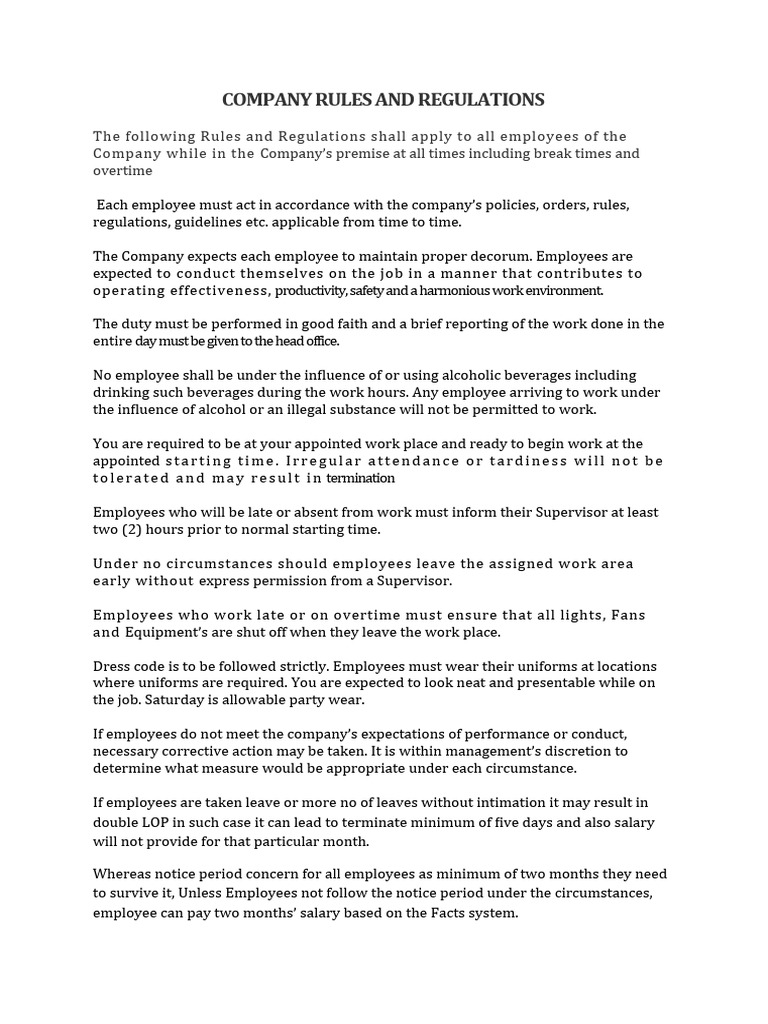 COMPANY RULES AND REGULATIONS | PDF | Employment | Overtime