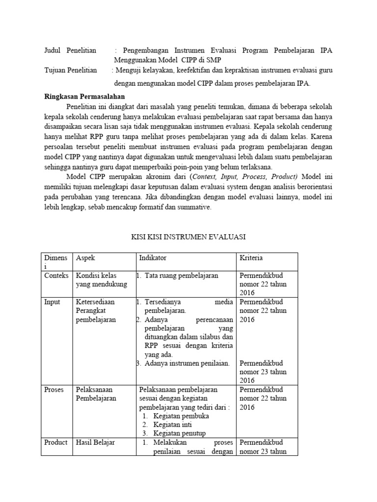 Kisi-Kisi Dan Instrumen Penelitian Cipp | PDF | Karier & Perkembangan ...
