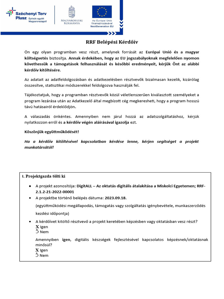 RRF Belépési Kérdőív METU 98 | PDF