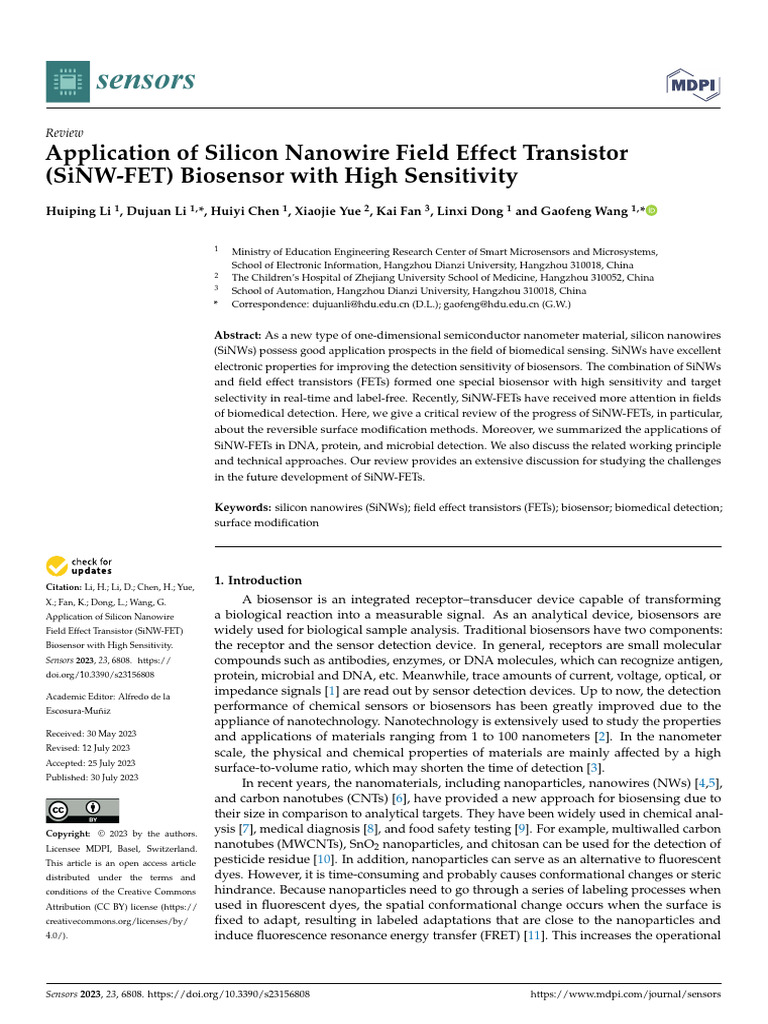 Sensors 23 06808 v2 | PDF | Biosensor | Field Effect Transistor