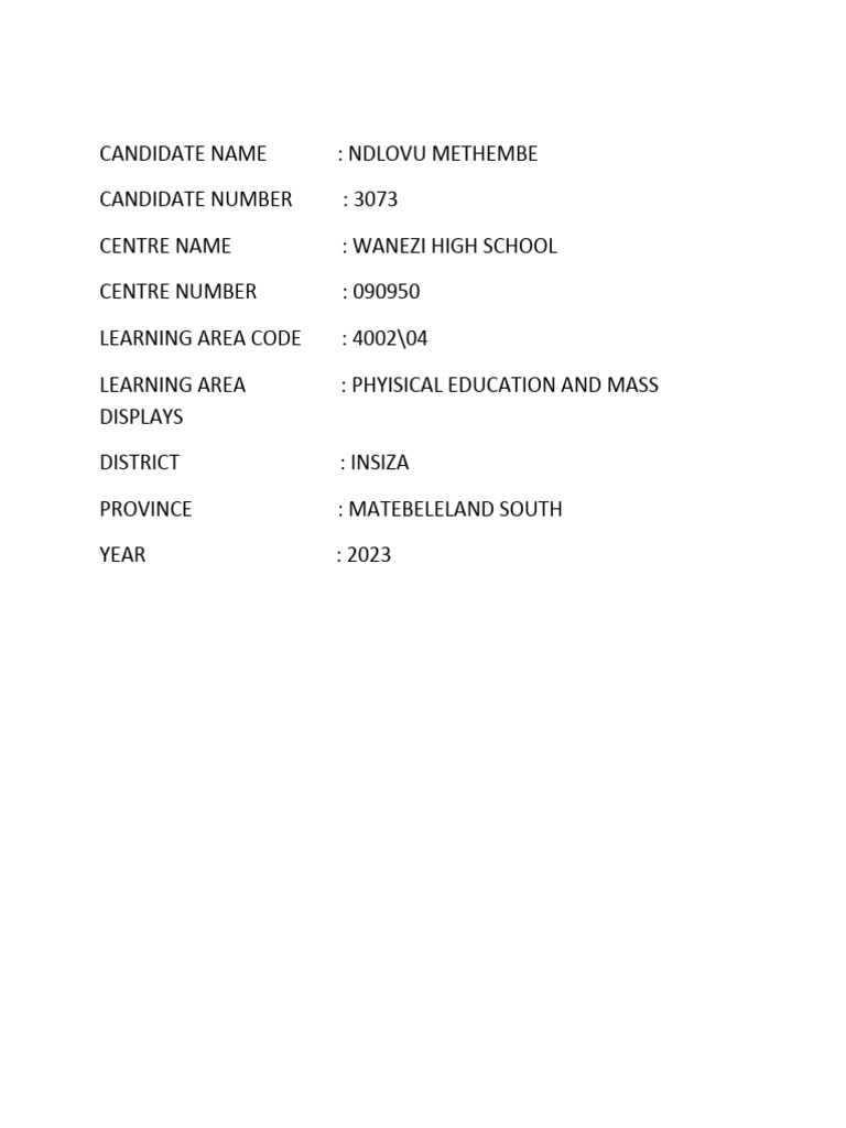 Methembe Ndlovu Form 4 Pe Project | PDF
