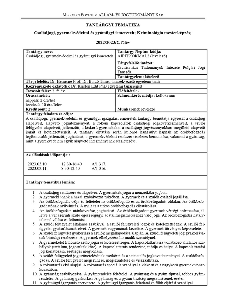 CsalÃ¡djogi Gyermekvã©delemi Ã©s gyÃ¡mÃ Gyi Ismeretek - KR MA | PDF