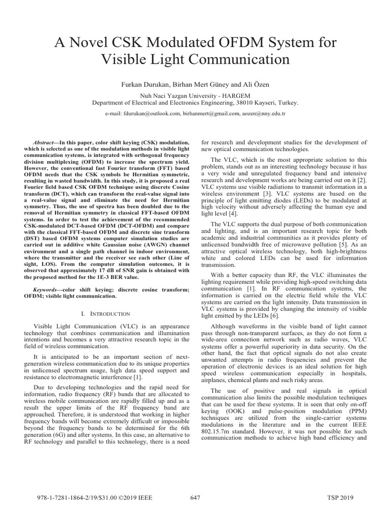 A Novel CSK Modulated OFDM System For Visible Light Communication | PDF | Orthogonal Frequency ...