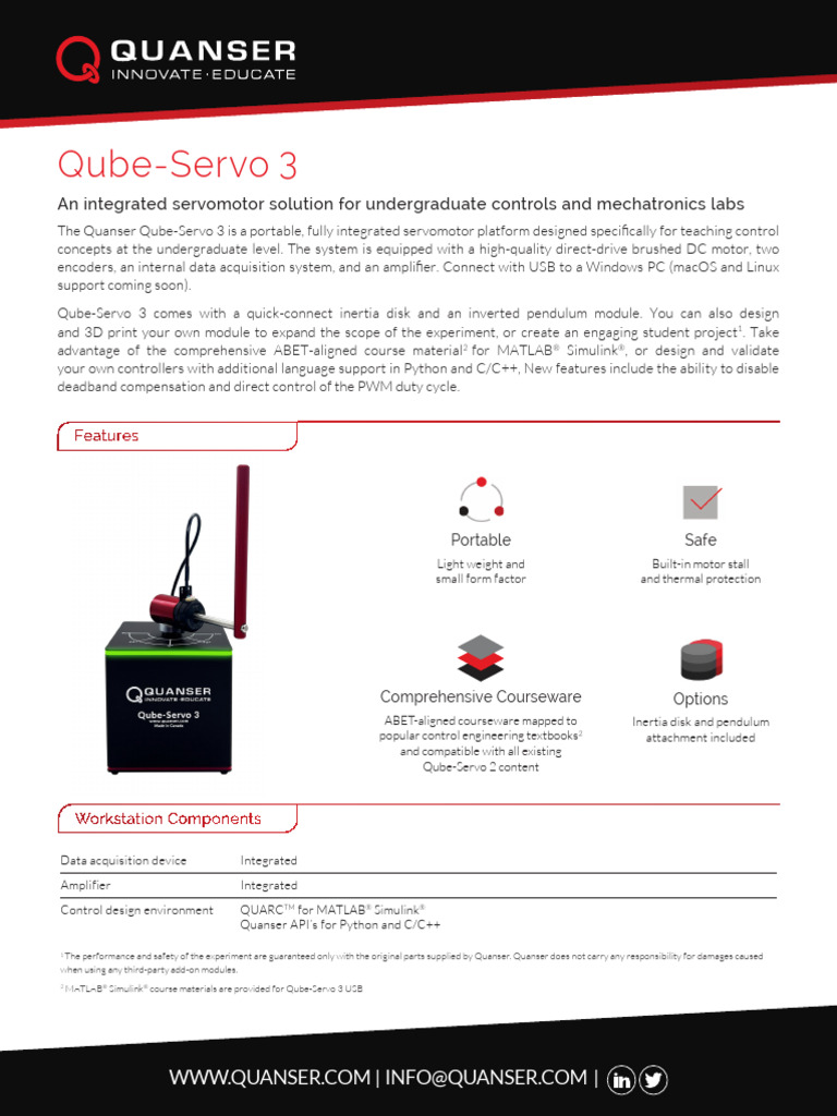 Qube Servo 3 Data Sheet | PDF | Usb | Control Engineering