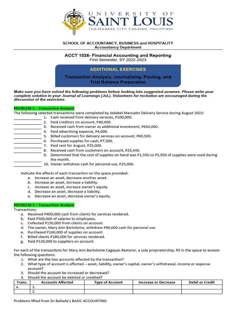 Additional Exercises Transaction Analaysis Journalizing Posting and ...