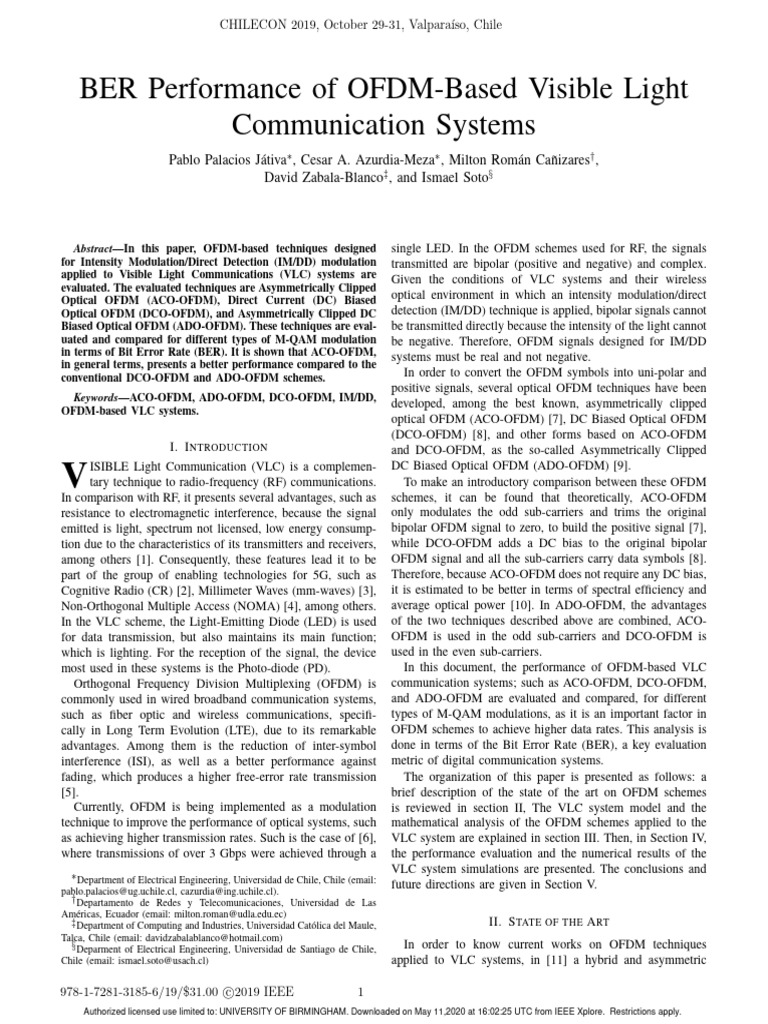 BER Performance of OFDM-Based Visible Light Communication Systems | PDF | Orthogonal Frequency ...