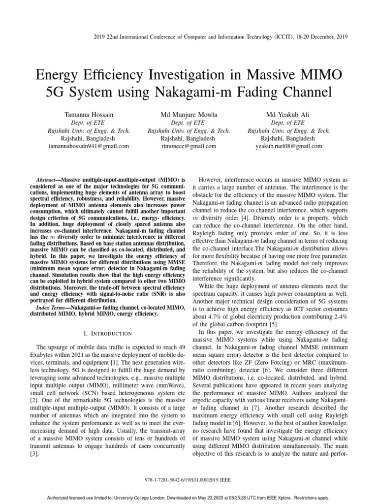 Energy Efficiency Investigation in Massive MIMO 5G System Using Nakagami-M Fading Channel | PDF ...