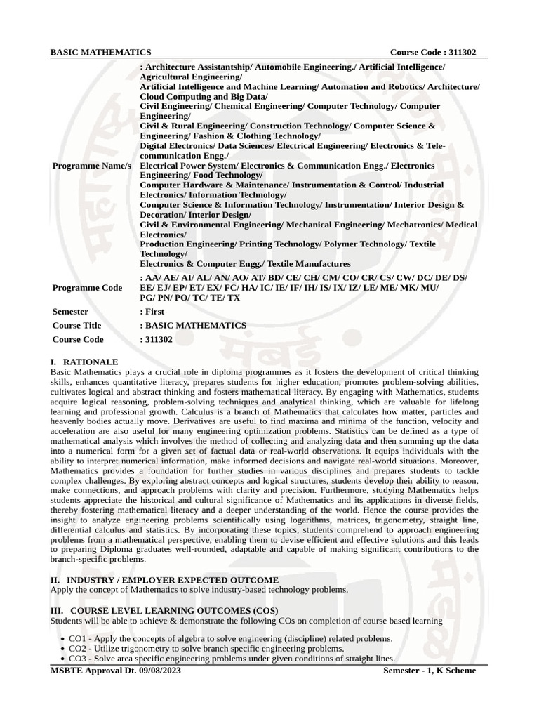 311302-BASIC MATHEMATICS (K-Scheme-Syllabus) | PDF | Matrix ...