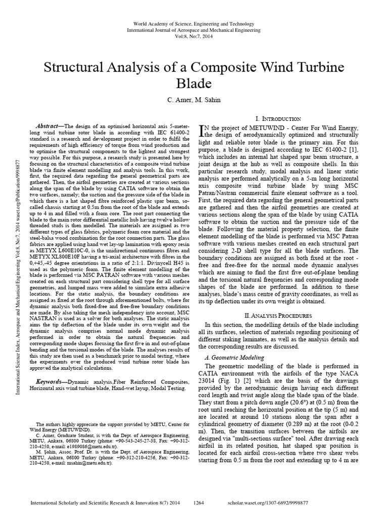 Structural Analysis Of A Composite Wind Turbine Blade C Amer M Sahin Pdf Wind Turbine