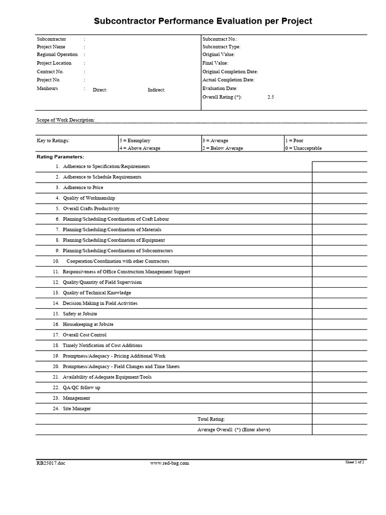 Subcontractpor Evaluation Froms | Download Free PDF | Subcontractor | General Contractor