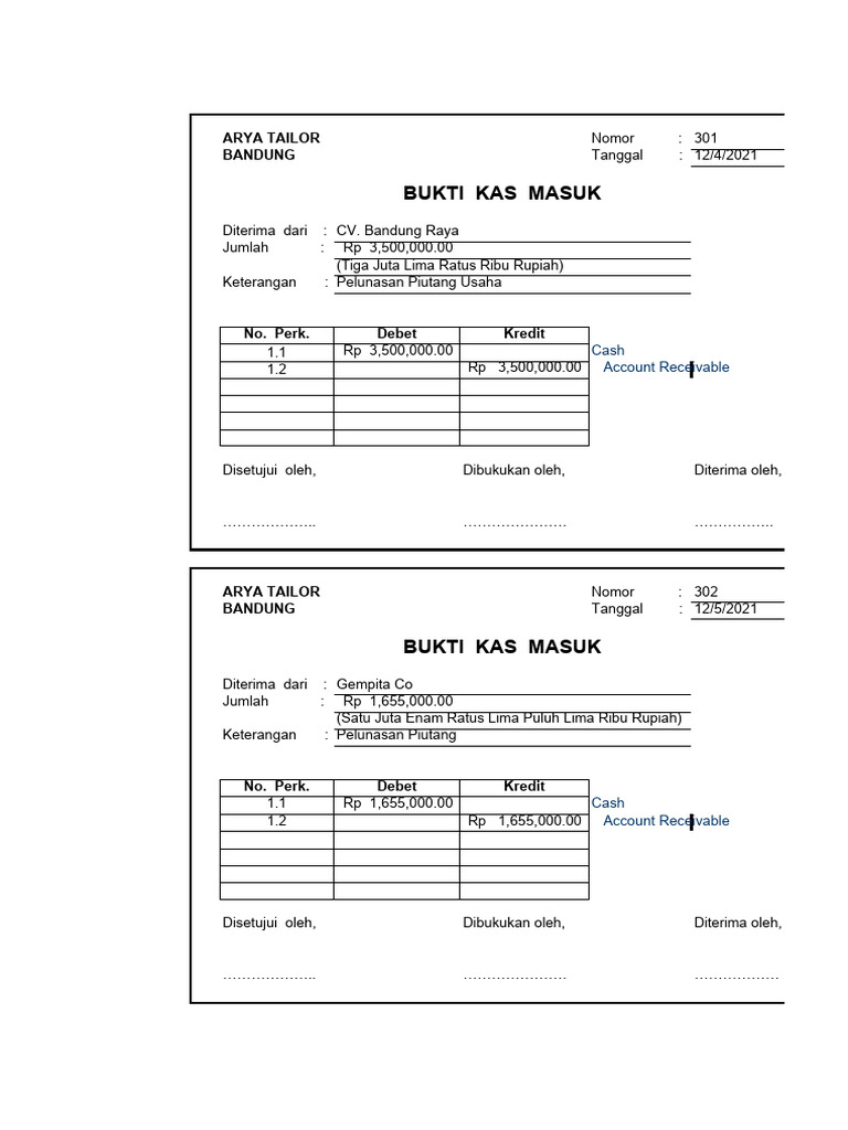 Contoh Bukti Kas Masuk Arya Tailor | PDF | Pengelolaan Keuangan & Uang