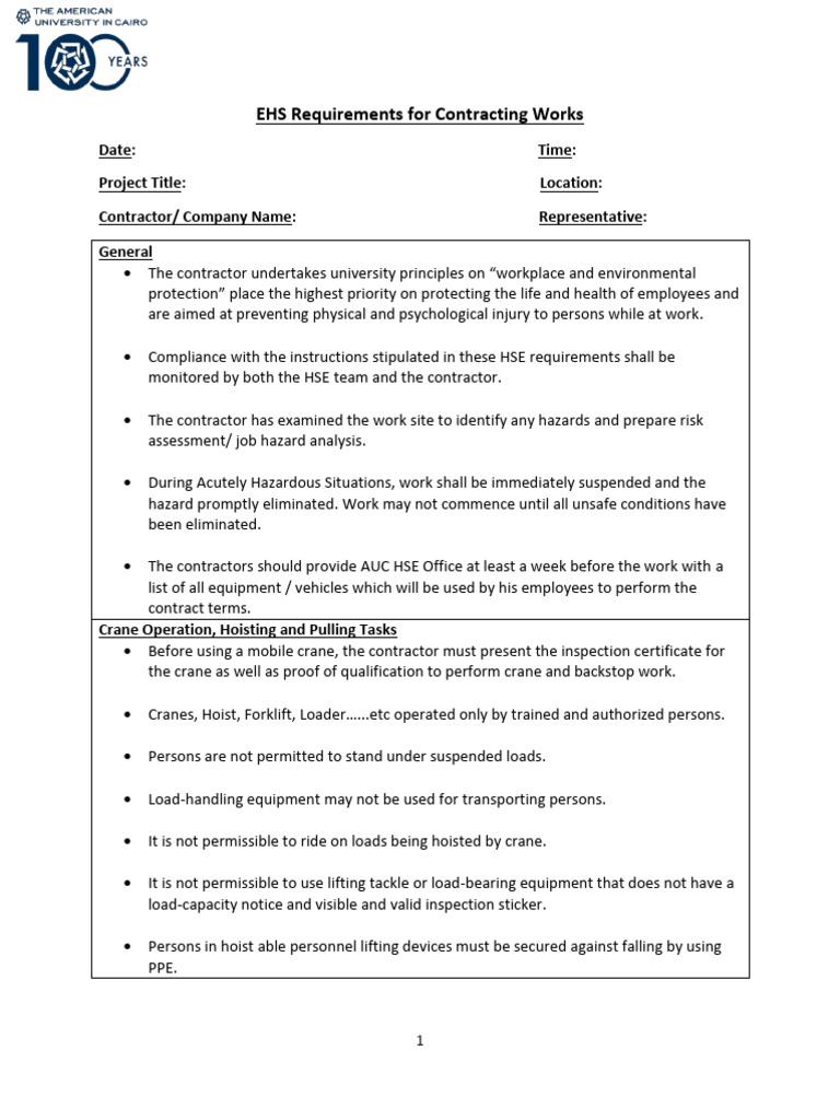 Ehs Requirements For Contracting Works Pdf Personal Protective