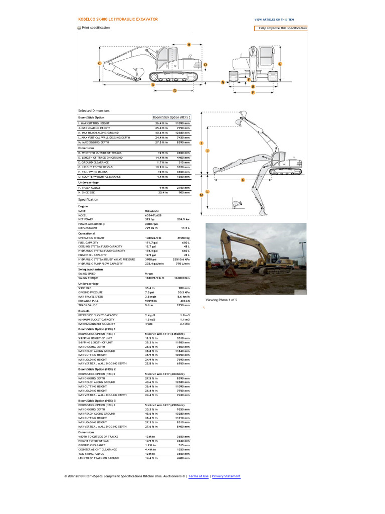 Kobelco SK480 LC Excavator Specs | PDF | Manufactured Goods | Vehicles