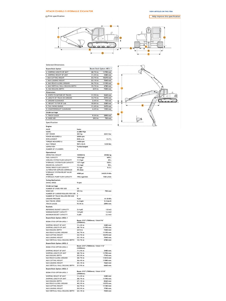 Hitachi EX400LC-5 Excavator Specs | PDF | Engines | Vehicles