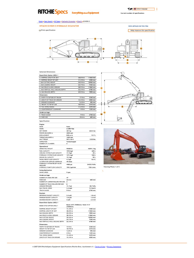 Hitachi EX450H-5 Hydraulic Excavator | PDF | Vehicle Technology ...