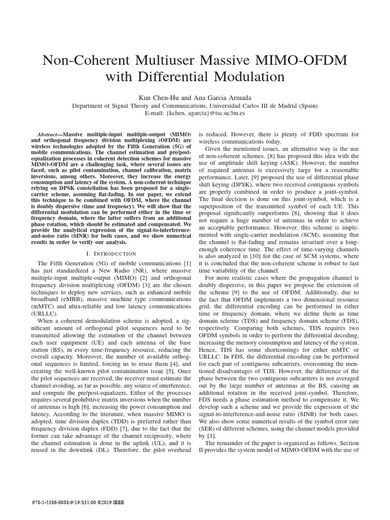 Non-Coherent Multiuser Massive MIMO-OFDM With Differential Modulation | PDF | Orthogonal ...