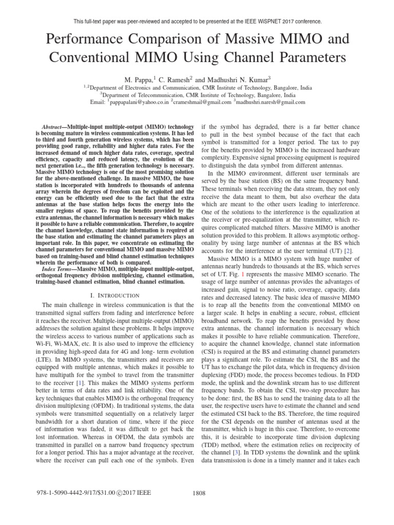 Performance Comparison of Massive MIMO and Conventional MIMO Using Channel Parameters | Download ...