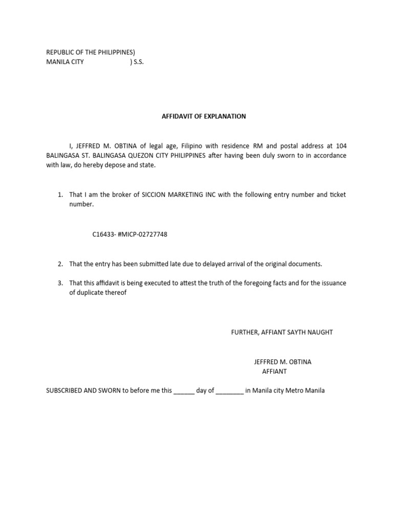 Affidavit For Late Submission of Docs To Boc (For Hard Copy) | PDF