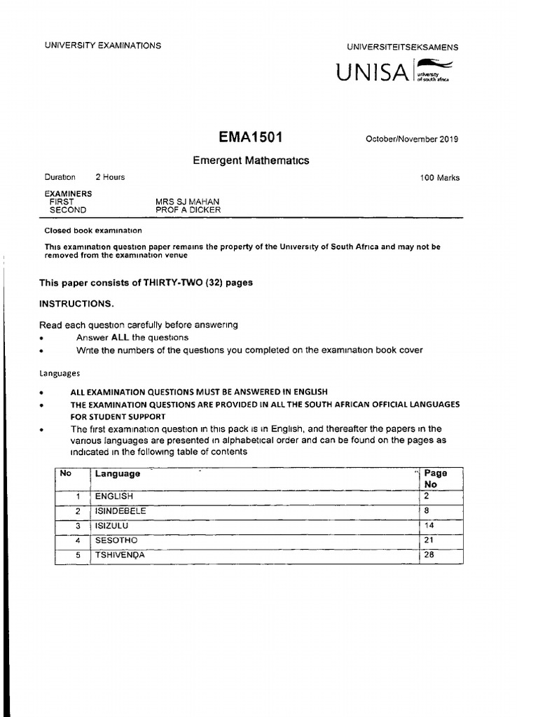 EMA1501 Exam Paper Oct:Nov 2019 | PDF