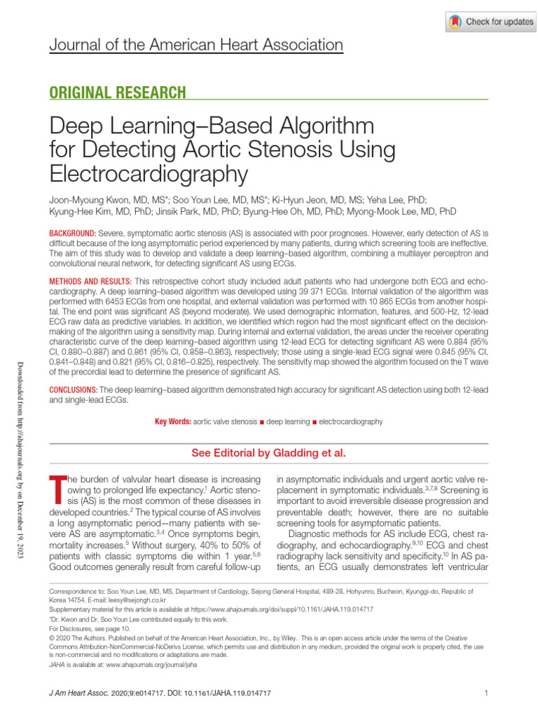 Kwon Et Al 2020 Deep Learning Based Algorithm For Detecting Aortic Stenosis Using