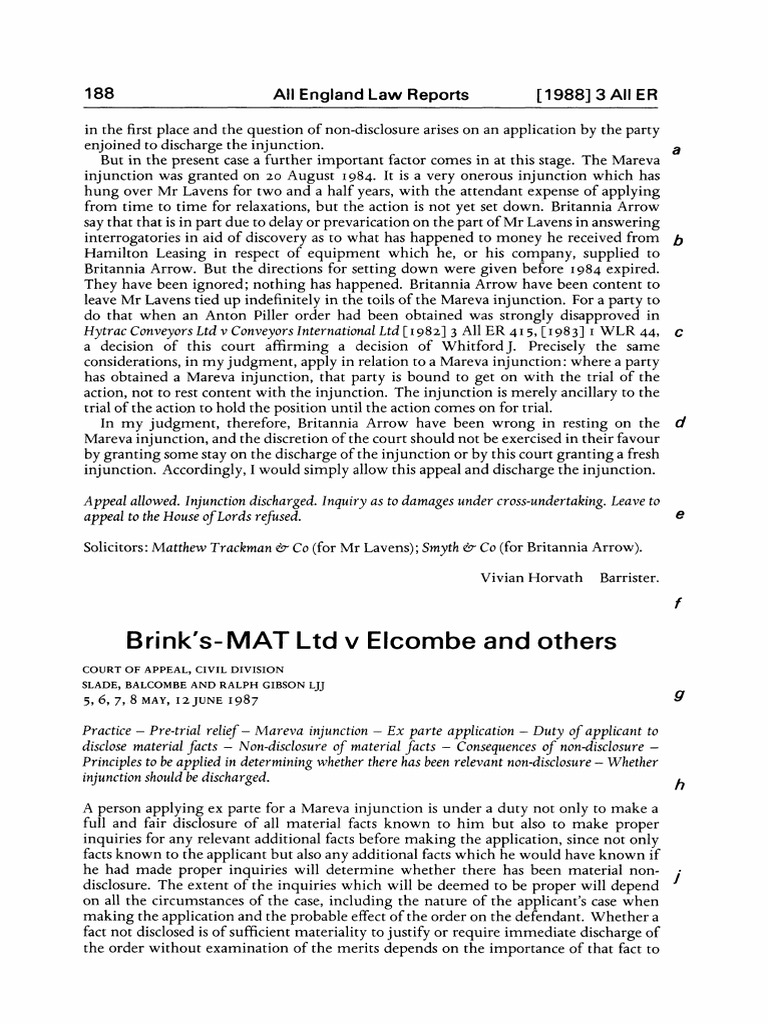 Brink's-Mat LTD V Elcombe and Others (1988) 3 All ER 188 | PDF