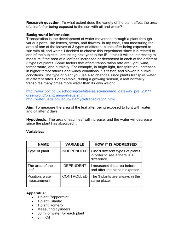 lab report Transpiration of leaf area | PDF | Water | Leaf