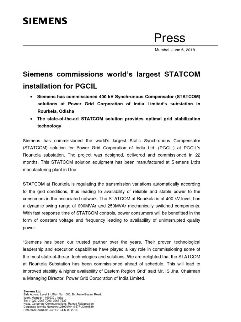 Final Press Release Siemens LTD Commissions Worlds Largest Statcom | PDF | Electrical Grid ...