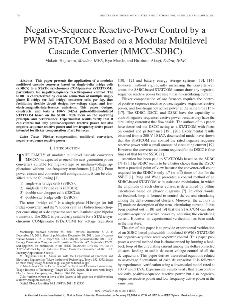 Negative Sequence Reactive Power Control By A Pwm Statcom Based On A Modular Multilevel Cascade