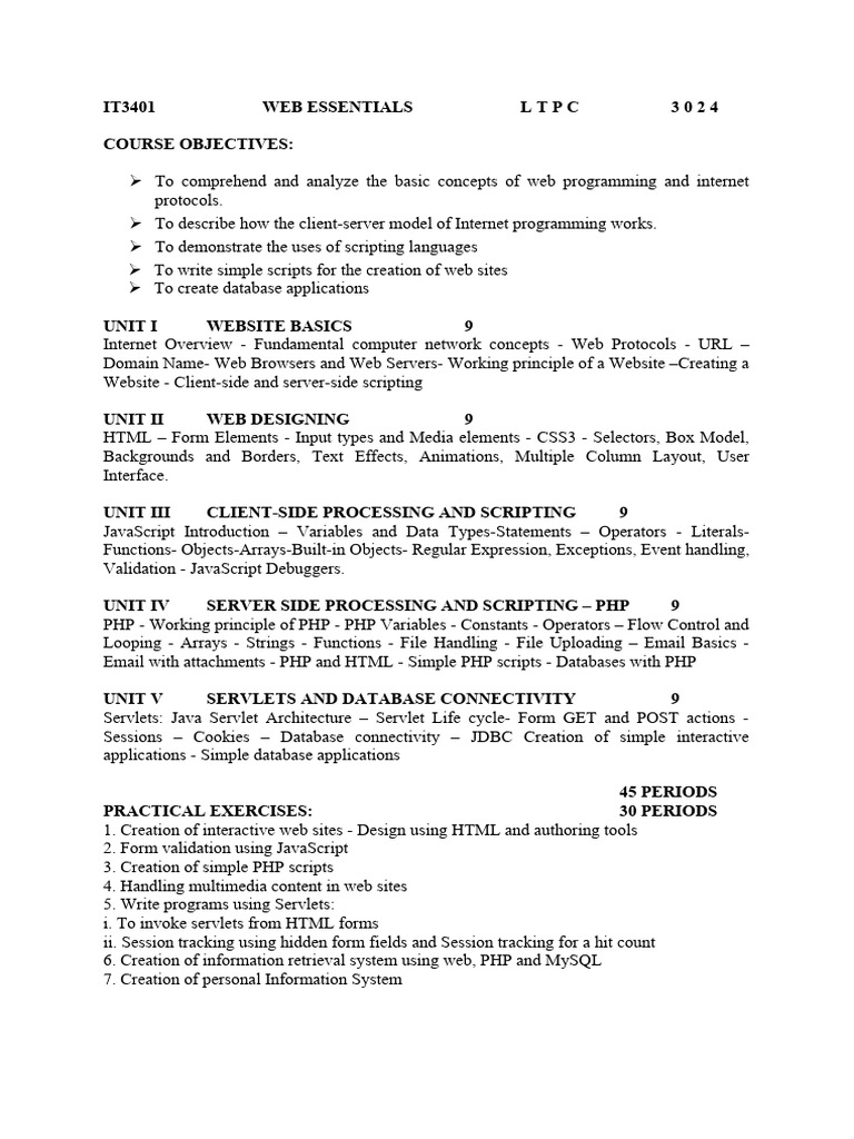 It3401 Web Essentials Syllabus | PDF | World Wide Web | Internet & Web