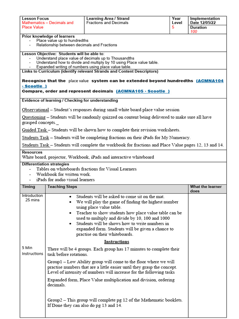 Lesson Plan Decimals Cont. 1 | PDF | Learning | Lesson Plan