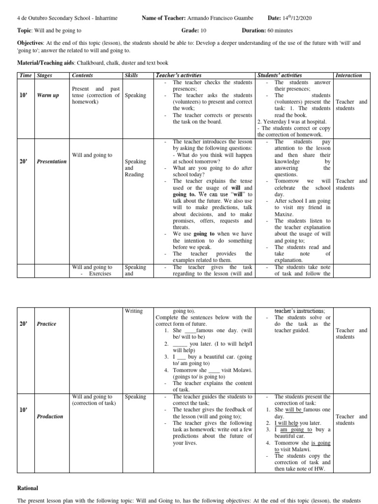 Lesson Plans - Future Tense | PDF | Teachers | Lesson Plan