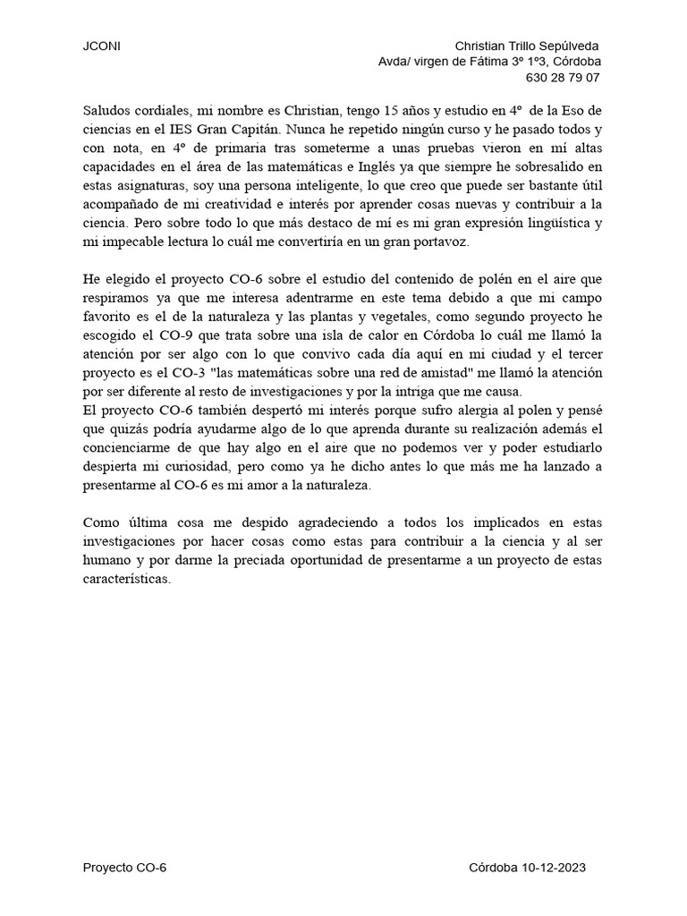 Christian Trillo Sepúlveda - CArta de Motivación Córdoba JCONI | PDF