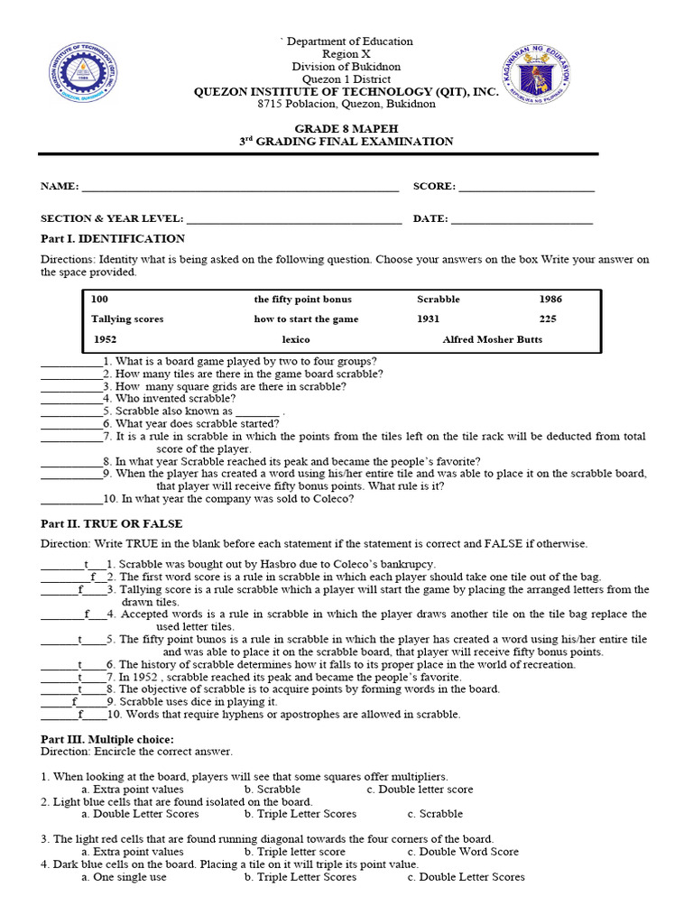 Grade 8 MAPEH EXAMINATION | PDF | Gaming