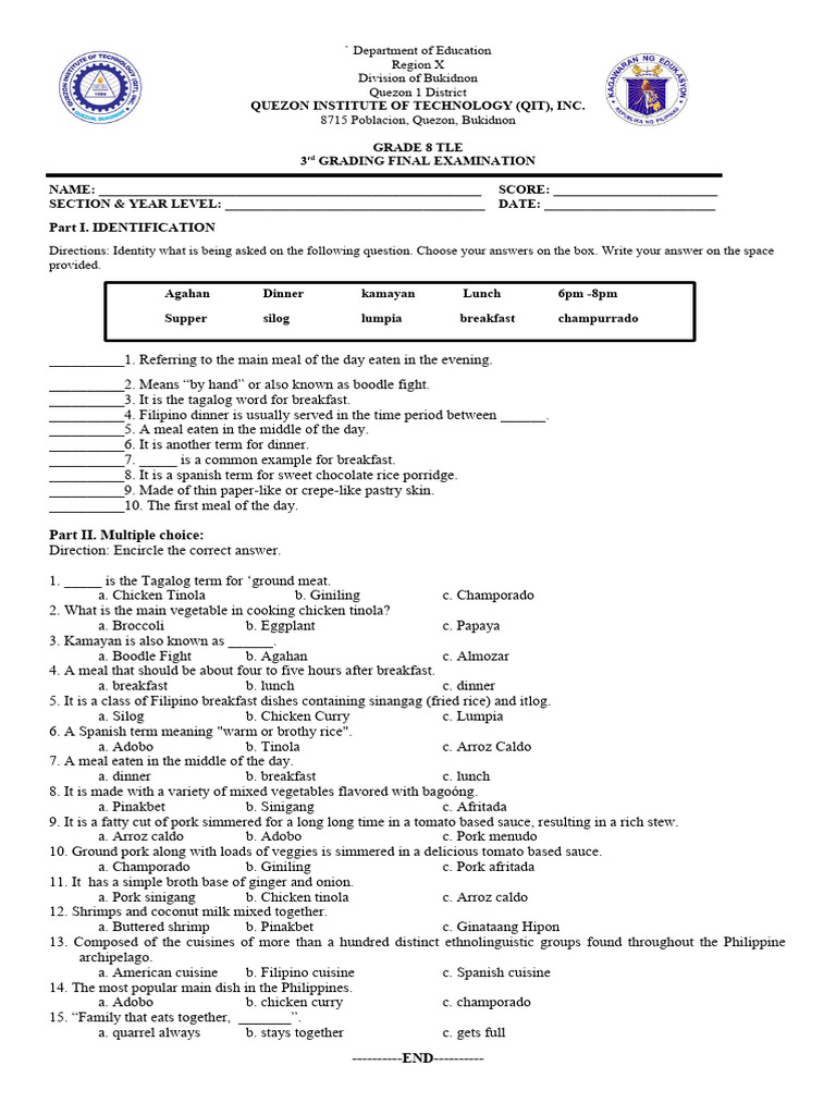 Grade 8 TLE EXAMINATION | PDF | Meal | Lunch