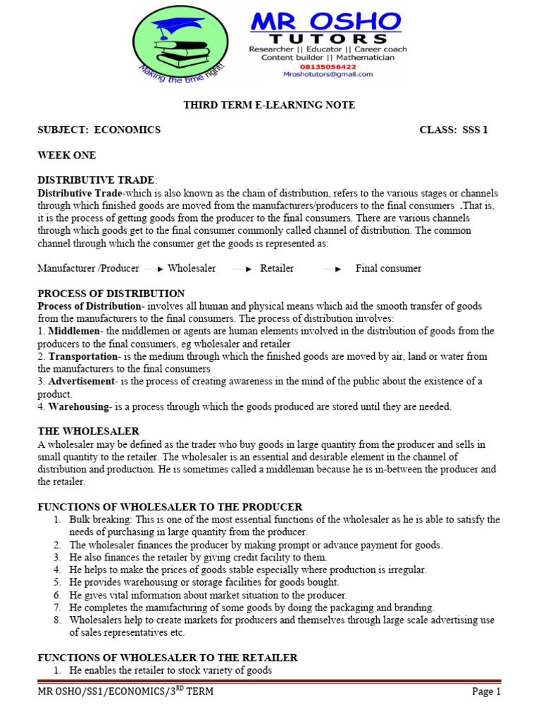 3RD Term SS1 Economics Note For Students | PDF | Money | Banks