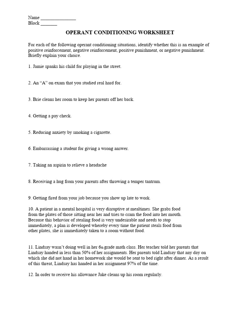 operant worksheet | PDF | Reinforcement | Behaviorism