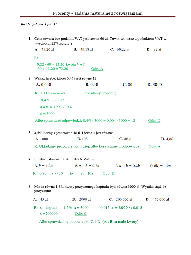 Procenty Zadania Maturalne Z Rozwiązaniami | PDF