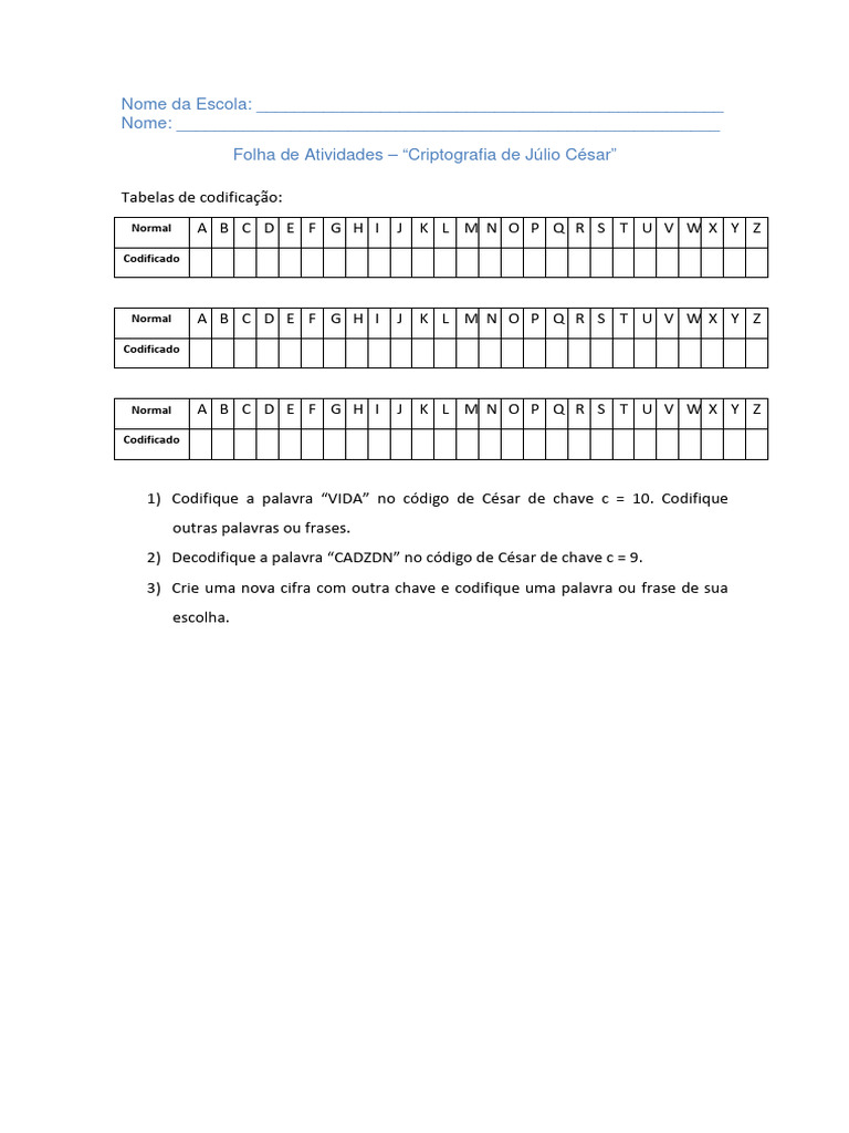 Folha de Atividades Criptografia de Julio Cesar | PDF