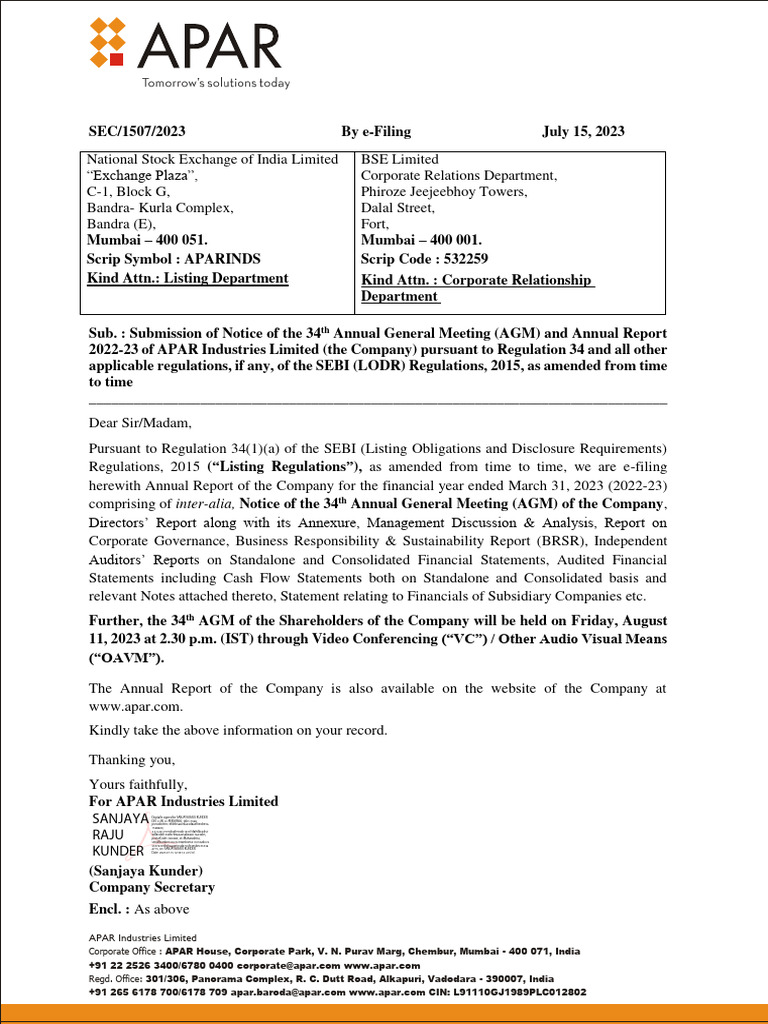 Sanjaya Raju Kunder: APAR Industries Limited Corporate Office: Regd ...